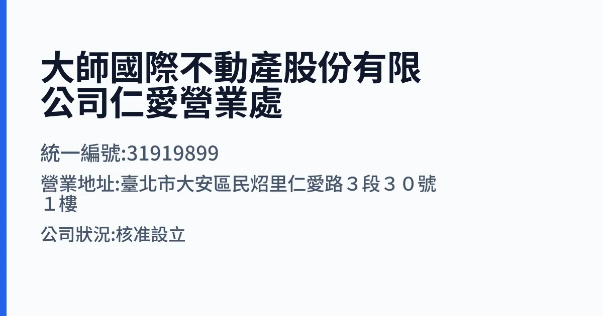 大師國際不動產股份有限公司仁愛營業處 - 統編 31919899(臺北市) 公司登記資料與營業項目詳細圖表