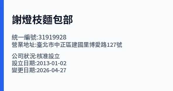 謝燈枝麵包部的照片-統編 31919928(臺北市) 公司登記資料與營業項目詳細圖表
