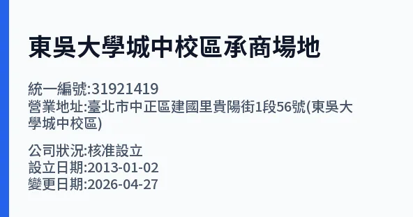 東吳大學城中校區承商場地的照片-統編 31921419(臺北市) 公司登記資料與營業項目詳細圖表