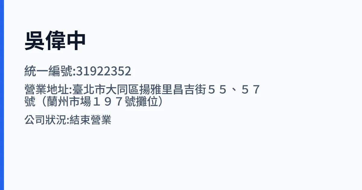 吳偉中 - 統編 31922352（臺北市） 公司登記資料與營業項目詳細圖表