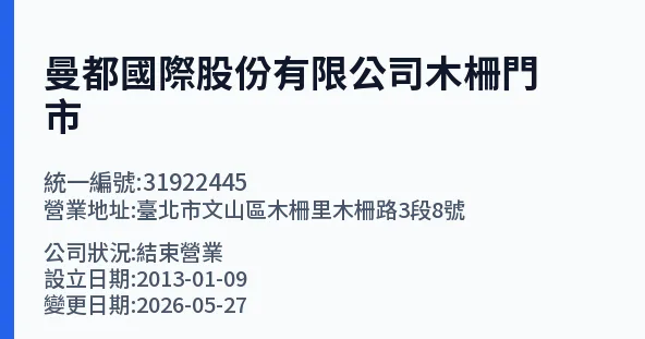 曼都國際股份有限公司木柵門市的照片-統編 31922445(臺北市) 公司登記資料與營業項目詳細圖表