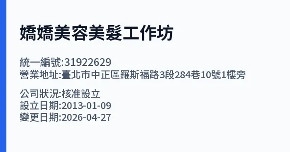 嬌嬌美容美髮工作坊的照片-統編 31922629(臺北市) 公司登記資料與營業項目詳細圖表