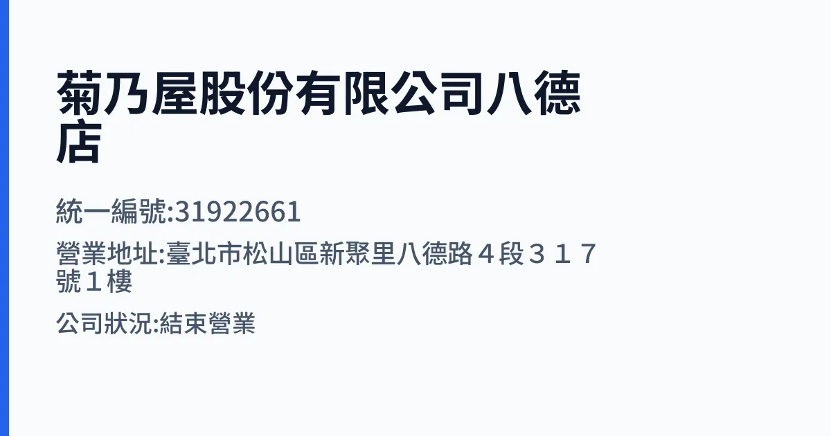 菊乃屋股份有限公司八德店 - 統編 31922661(臺北市) 公司登記資料與營業項目詳細圖表