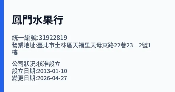 鳳門水果行的照片-統編 31922819(臺北市) 公司登記資料與營業項目詳細圖表