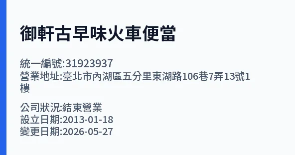 御軒古早味火車便當的照片-統編 31923937(臺北市) 公司登記資料與營業項目詳細圖表