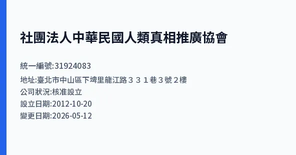 社團法人中華民國人類真相推廣協會的照片-統編 31924083(臺北市) 公司登記資料與營業項目詳細圖表