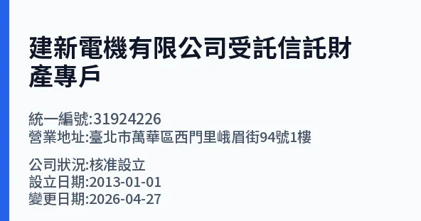 建新電機有限公司受託信託財產專戶的照片-統編 31924226(臺北市) 公司登記資料與營業項目詳細圖表