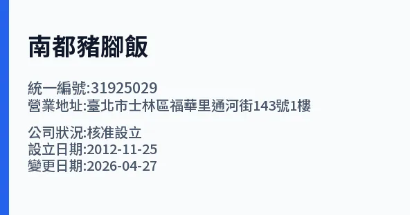 南都豬腳飯的照片-統編 31925029(臺北市) 公司登記資料與營業項目詳細圖表