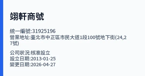 翊軒商號的照片-統編 31925196(臺北市) 公司登記資料與營業項目詳細圖表