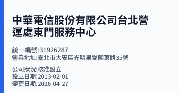 中華電信股份有限公司台北營運處東門服務中心的照片-統編 31926287(臺北市) 公司登記資料與營業項目詳細圖表