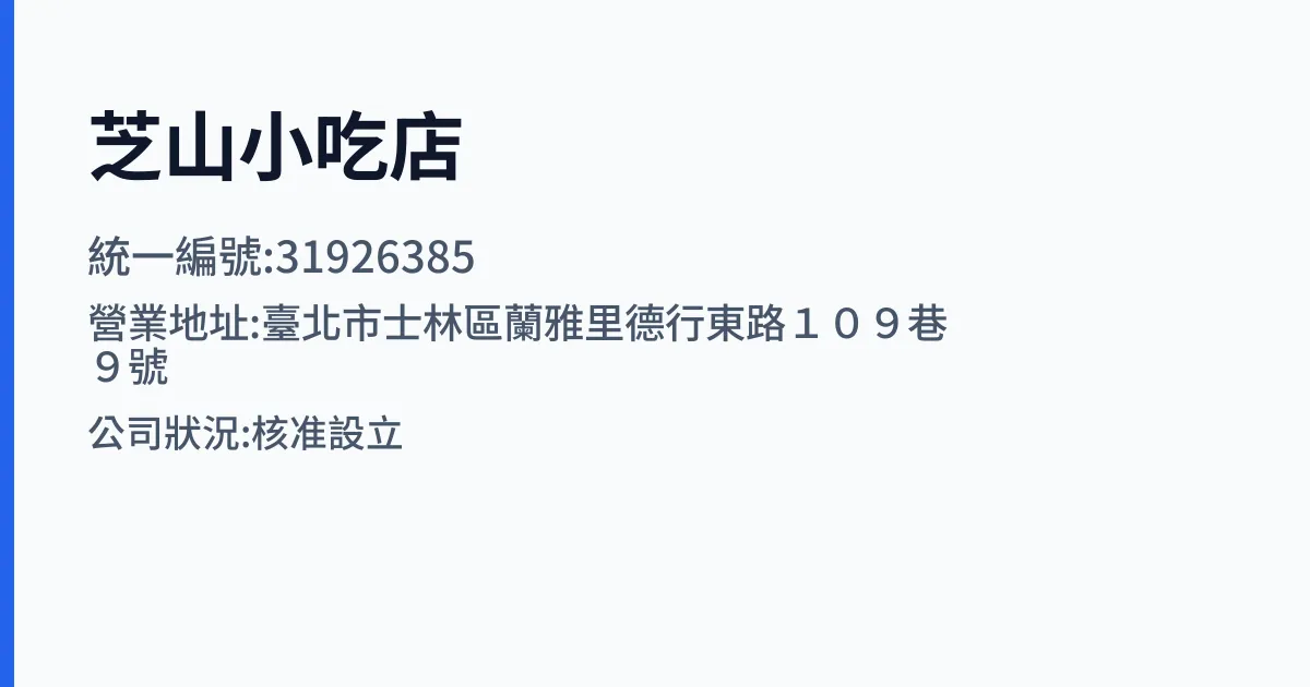 芝山小吃店 - 統編 31926385(臺北市) 公司登記資料與營業項目詳細圖表