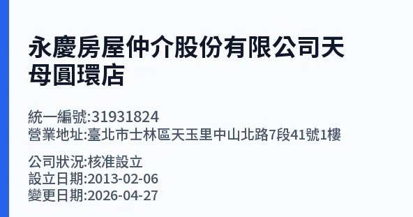 永慶房屋仲介股份有限公司天母圓環店的照片-統編 31931824(臺北市) 公司登記資料與營業項目詳細圖表