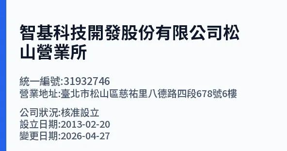 智基科技開發股份有限公司松山營業所的照片-統編 31932746(臺北市) 公司登記資料與營業項目詳細圖表