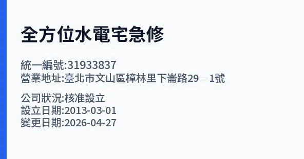 全方位水電宅急修的照片-統編 31933837(臺北市) 公司登記資料與營業項目詳細圖表
