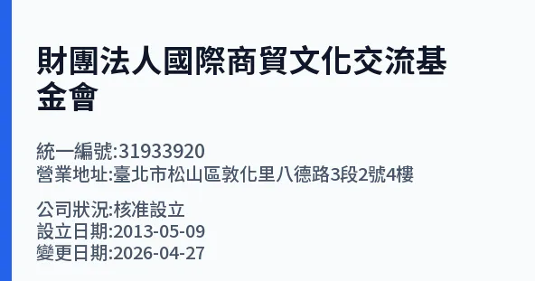 財團法人國際商貿文化交流基金會的照片-統編 31933920(臺北市) 公司登記資料與營業項目詳細圖表