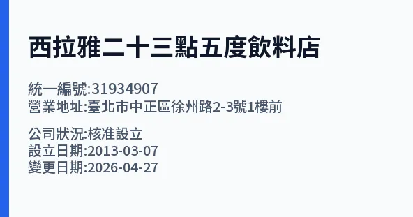西拉雅二十三點五度飲料店的照片-統編 31934907(臺北市) 公司登記資料與營業項目詳細圖表