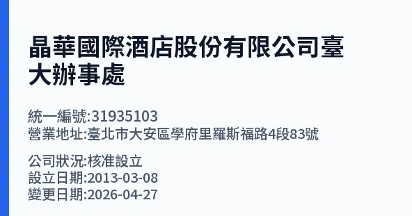 晶華國際酒店股份有限公司臺大辦事處的照片-統編 31935103(臺北市) 公司登記資料與營業項目詳細圖表
