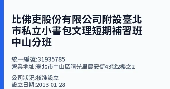 比佛吏股份有限公司附設臺北市私立小書包文理短期補習班中山分班的照片-統編 31935785(臺北市) 公司登記資料與營業項目詳細圖表