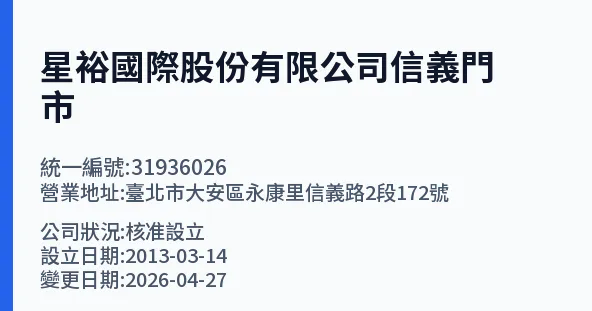 星裕國際股份有限公司信義門市的照片-統編 31936026(臺北市) 公司登記資料與營業項目詳細圖表