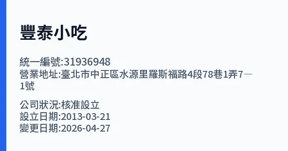 豐泰小吃的照片-統編 31936948(臺北市) 公司登記資料與營業項目詳細圖表