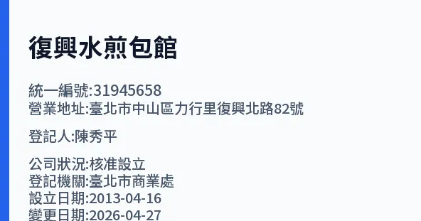 復興水煎包館的照片-統編 31945658(臺北市) 公司登記資料與營業項目詳細圖表