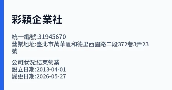 彩穎企業社的照片-統編 31945670(臺北市) 公司登記資料與營業項目詳細圖表