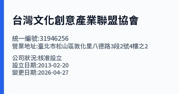 台灣文化創意產業聯盟協會的照片-統編 31946256(臺北市) 公司登記資料與營業項目詳細圖表
