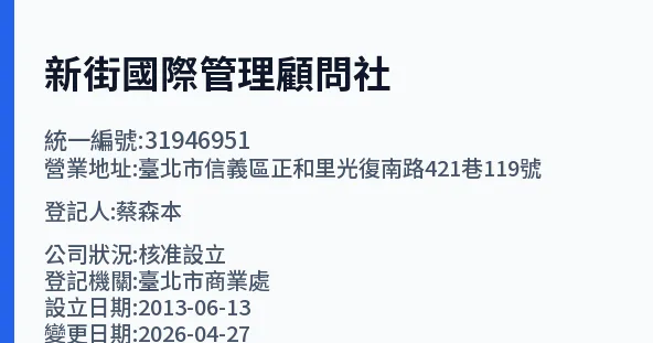 新街國際管理顧問社的照片-統編 31946951(臺北市) 公司登記資料與營業項目詳細圖表