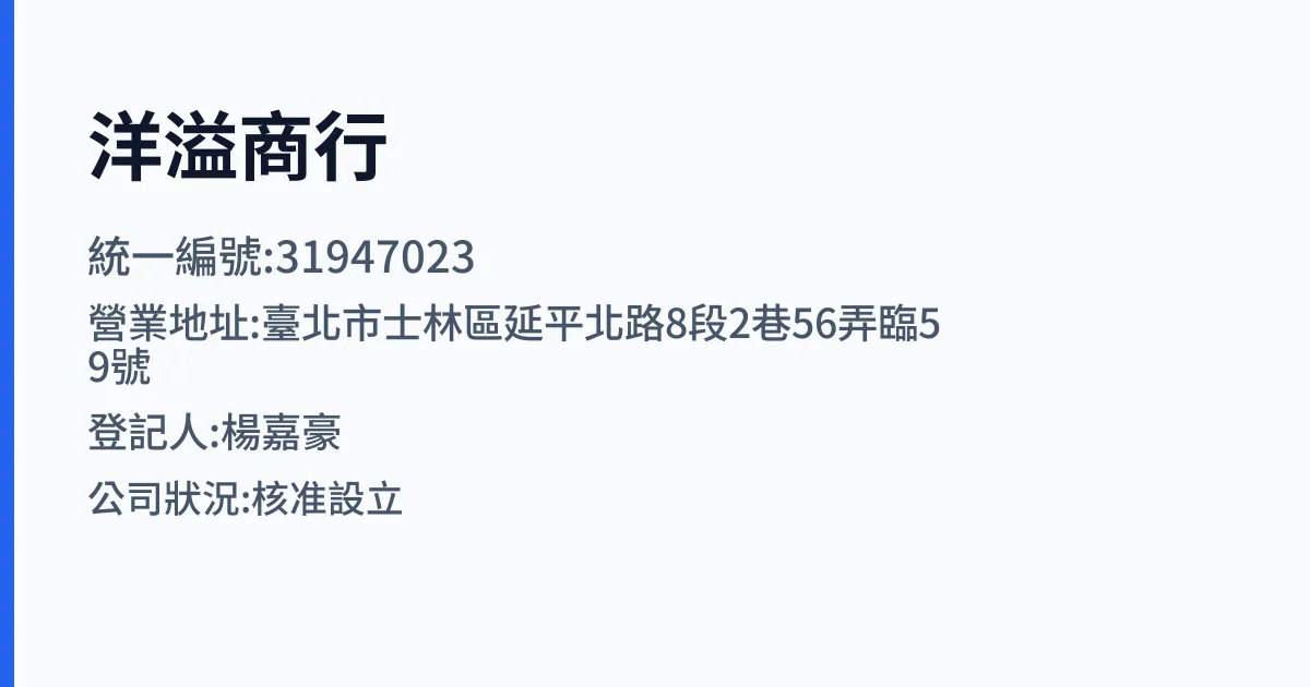 洋溢商行 - 統編 31947023(臺北市) 公司登記資料與營業項目詳細圖表