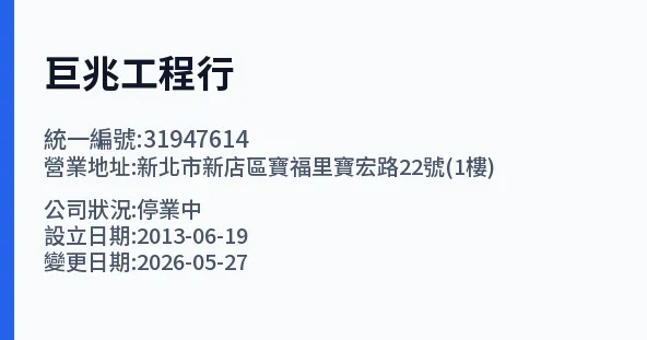 巨兆工程行的照片-統編 31947614(新北市) 公司登記資料與營業項目詳細圖表