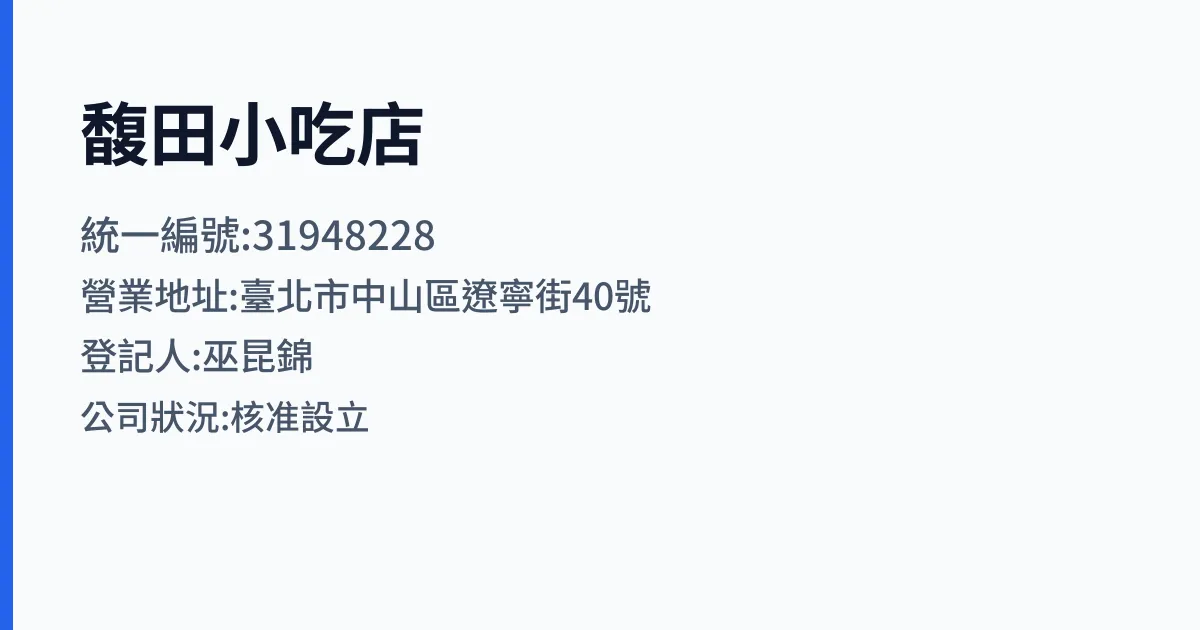 馥田小吃店 - 統編 31948228(臺北市) 公司登記資料與營業項目詳細圖表
