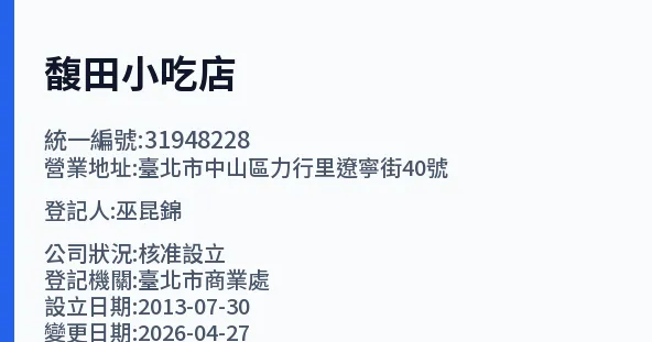 馥田小吃店的照片-統編 31948228(臺北市) 公司登記資料與營業項目詳細圖表