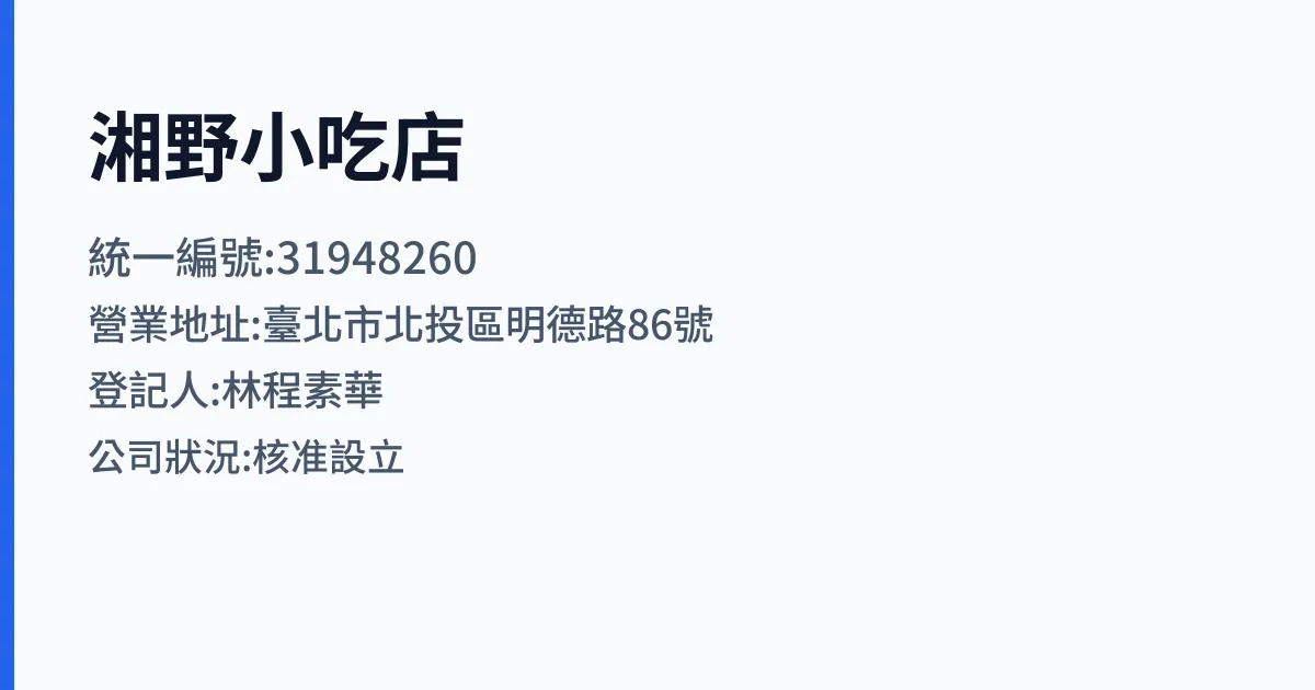 湘野小吃店 - 統編 31948260(臺北市) 公司登記資料與營業項目詳細圖表