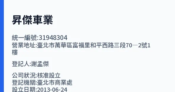 昇傑車業的照片-統編 31948304(臺北市) 公司登記資料與營業項目詳細圖表