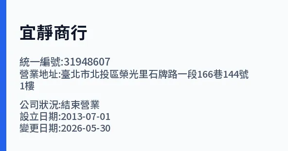 宜靜商行的照片-統編 31948607(臺北市) 公司登記資料與營業項目詳細圖表