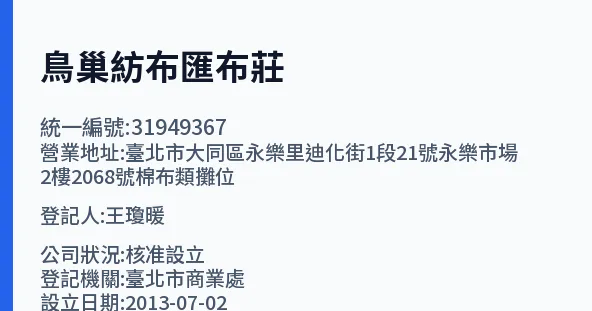 鳥巢紡布匯布莊的照片-統編 31949367(臺北市) 公司登記資料與營業項目詳細圖表