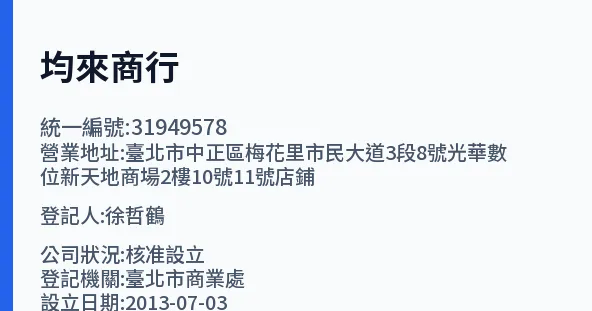 均來商行的照片-統編 31949578(臺北市) 公司登記資料與營業項目詳細圖表