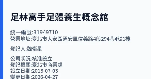 足林高手足體養生概念舘的照片-統編 31949710(臺北市) 公司登記資料與營業項目詳細圖表