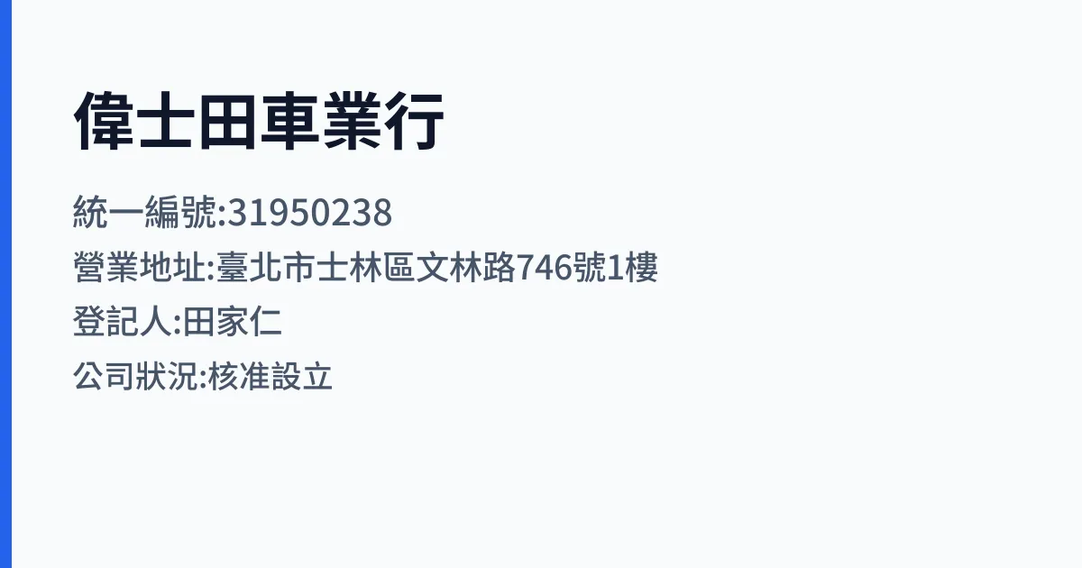 偉士田車業行 - 統編 31950238(臺北市) 公司登記資料與營業項目詳細圖表