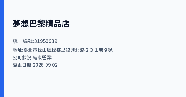夢想巴黎精品店的照片-統編 31950639(臺北市) 公司登記資料與營業項目詳細圖表