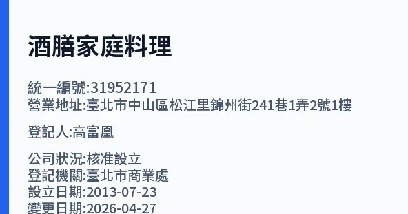 酒膳家庭料理的照片-統編 31952171(臺北市) 公司登記資料與營業項目詳細圖表