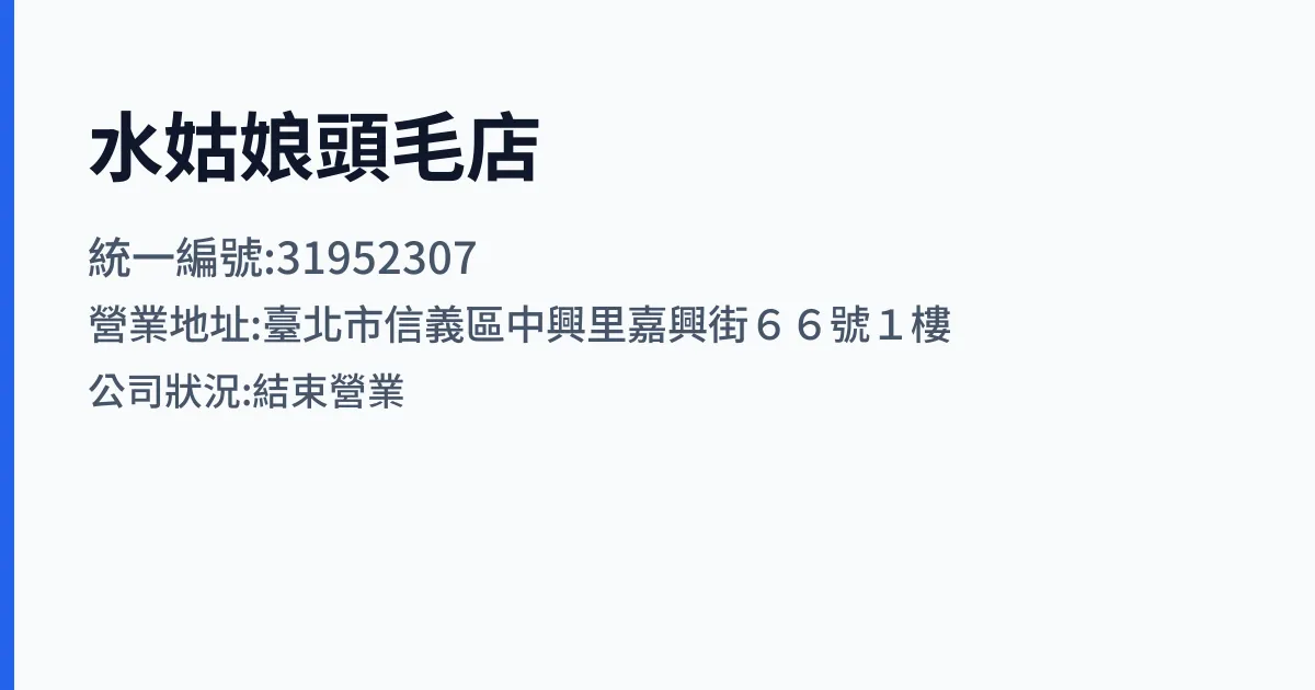 水姑娘頭毛店 - 統編 31952307(臺北市) 公司登記資料與營業項目詳細圖表