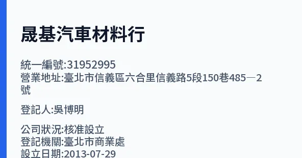 晟基汽車材料行的照片-統編 31952995(臺北市) 公司登記資料與營業項目詳細圖表