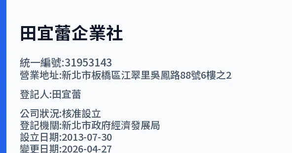 田宜蕾企業社的照片-統編 31953143(新北市) 公司登記資料與營業項目詳細圖表