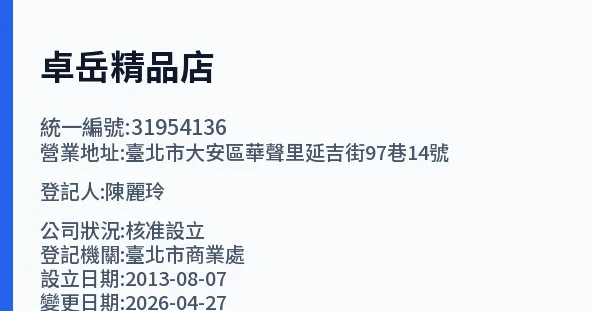 卓岳精品店的照片-統編 31954136(臺北市) 公司登記資料與營業項目詳細圖表