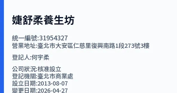婕舒柔養生坊的照片-統編 31954327(臺北市) 公司登記資料與營業項目詳細圖表