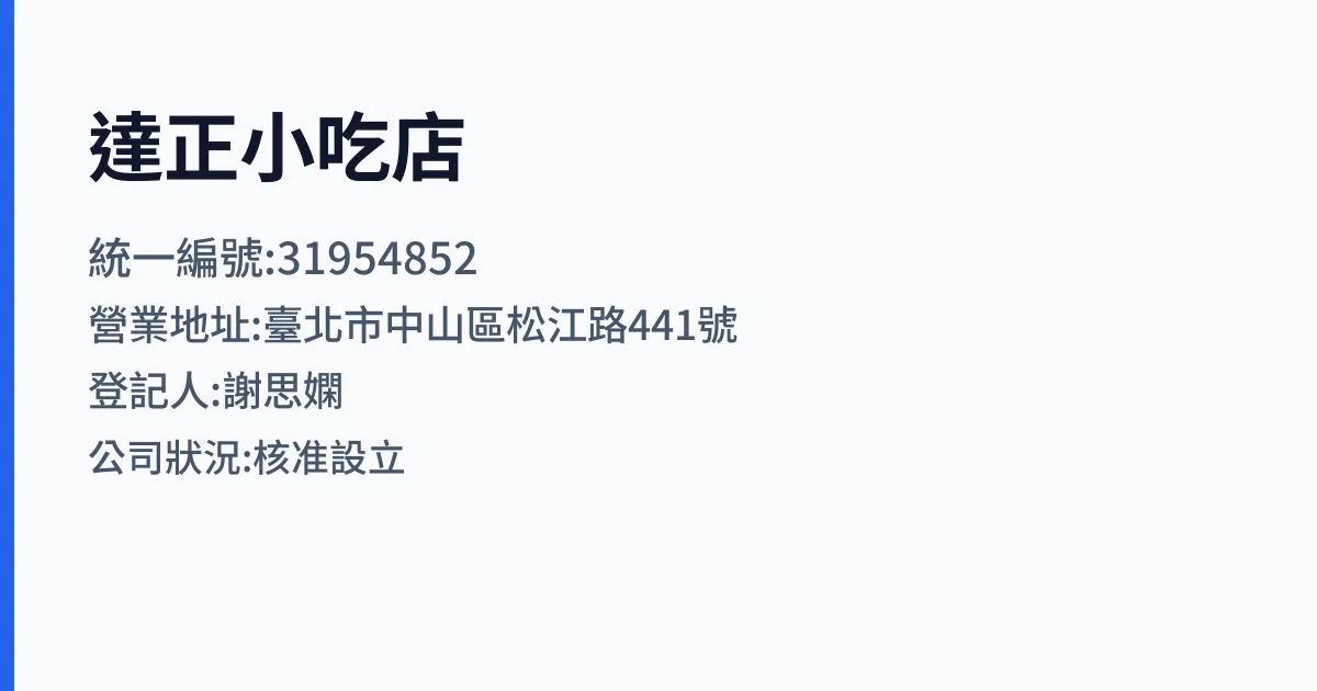 達正小吃店 - 統編 31954852(臺北市) 公司登記資料與營業項目詳細圖表