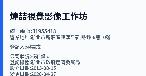 煒喆視覺影像工作坊的照片-統編 31955418(新北市) 公司登記資料與營業項目詳細圖表