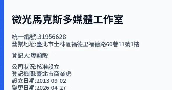 微光馬克斯多媒體工作室的照片-統編 31956628(臺北市) 公司登記資料與營業項目詳細圖表