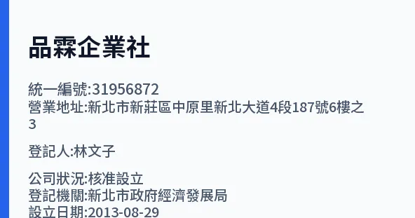 品霖企業社的照片-統編 31956872(新北市) 公司登記資料與營業項目詳細圖表